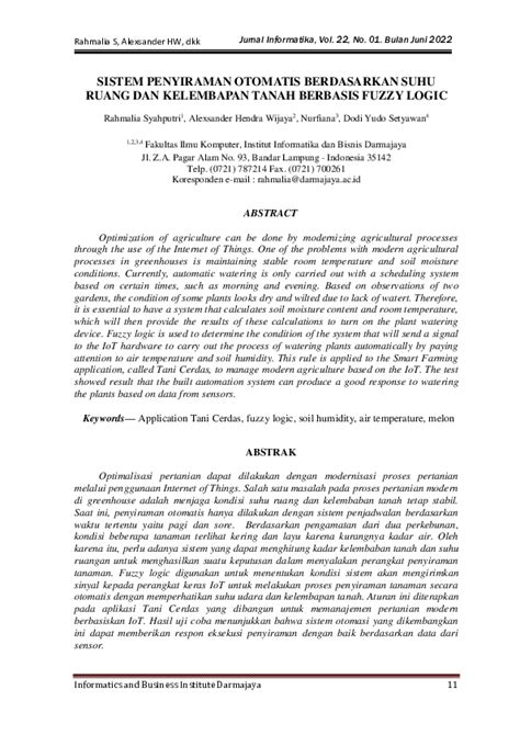 Pdf Sistem Penyiraman Otomatis Berdasarkan Suhu Ruang Dan Kelembapan Tanah Berbasis Fuzzy Logic