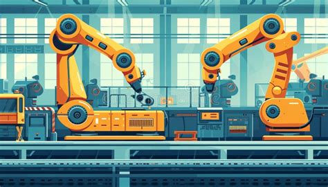 Modern Machinery In The Factory Works With Automated Robotic Arms Stock Illustration