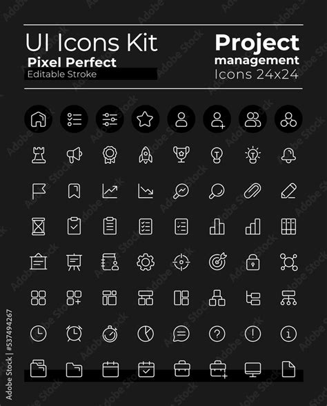 Vektorová grafika Project management pixel perfect white linear ui icons kit for dark theme