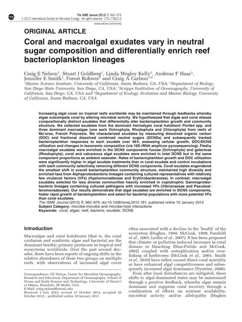 PDF Coral And Macroalgal Exudates Vary In Neutral Sugar Composition And Differentially Enrich