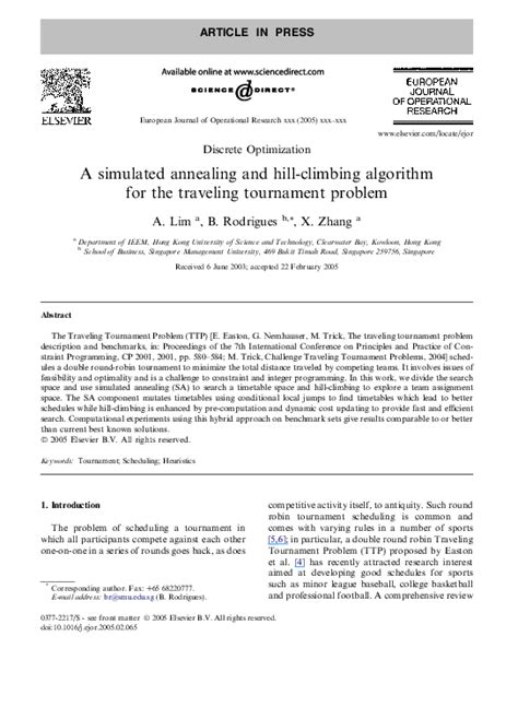 Pdf A Simulated Annealing And Hill Climbing Algorithm For The Traveling Tournament Problem