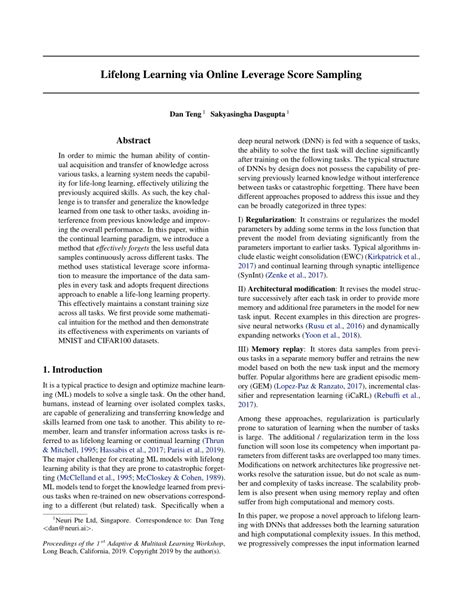 Pdf Lifelong Learning Via Online Leverage Score Sampling