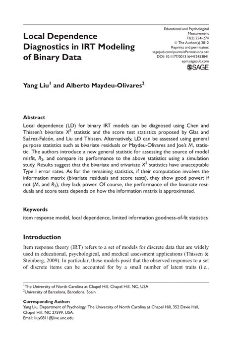 Pdf Local Dependence Diagnostics In Irt Modeling Of Binary Data