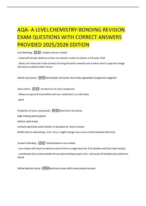 Aqa A Levelchemistry Bonding Revision Exam Questions With Correct