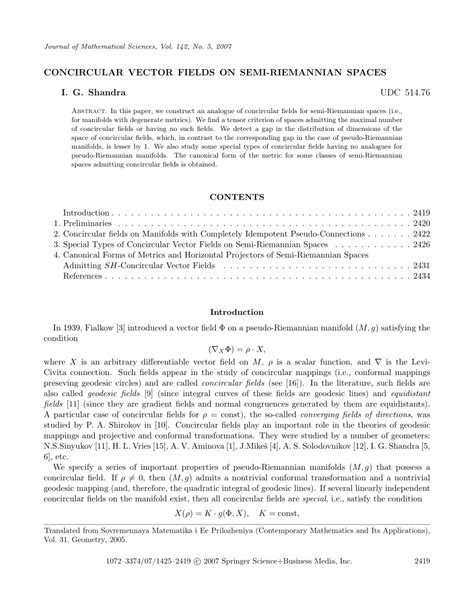 Pdf Concircular Vector Fields On Semi Riemannian Spaces