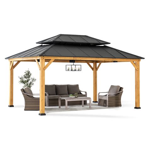 Sunjoy 12x16 Ft Hardtop Wood Gazebo Cedar Framed 2 Tier Metal Roof