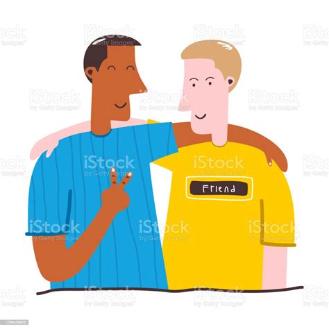 두 명의 십대 남자가 흰색 배경에 서로 만화 캐릭터를 포용 흥분 미소 젊은 남자 사무실 노동자 동료 형제 우정의 개념 플랫 벡터 일러스트레이션 가족에 대한 스톡 벡터 아트