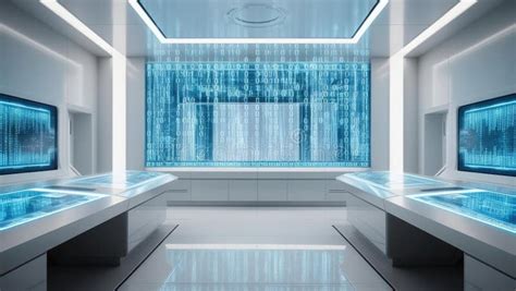 futuristic control room with holographic displays and flowing binary