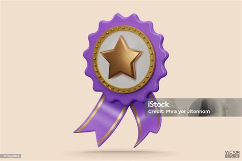 3d 품질은 별과 리본으로 메달을 보장합니다 흰색 배경에 격리된 보라색 배지 보증 아이콘입니다 현실적인 그래픽 인증서 배지 아이콘 수상 배지 3d 벡터 그림입니다 3차원