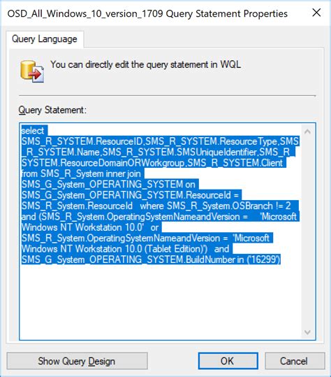 collection query for all windows 10 version 1709 just another windows