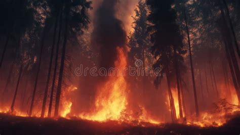 Raging Forest Fire Consuming Trees In Intense Flames Aerial View Of A Destructive Wildfire