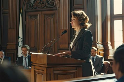 Female Prosecutor Giving Enthusiastic Speech To Judge And Jury Premium AI Generated Image