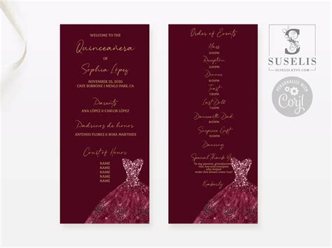 Editable Program Template Burgundy Gold Quinceañera 15th Birthday