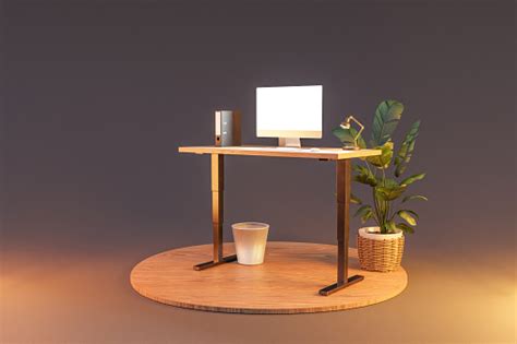 스탠딩 데스크가 있는 나무 연단에 있는 단일 격리된 컴퓨터 작업 공간 프리랜서 및 홈 오피스 개념 3d 일러스트레이션 0명에 대한 스톡 사진 및 기타 이미지 Istock