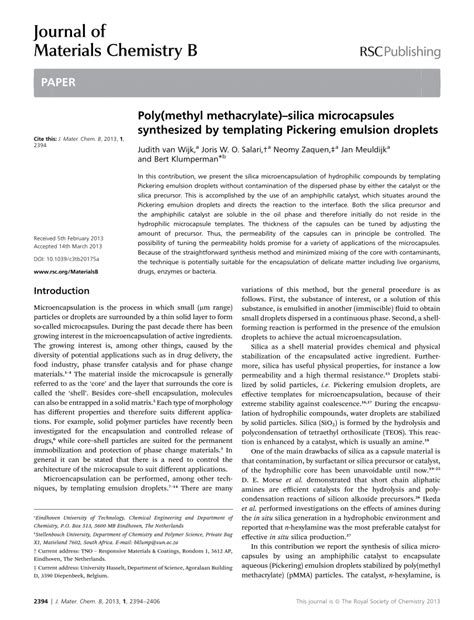 Pdf Polymethyl Methacrylatesilica Microcapsules Synthesized By