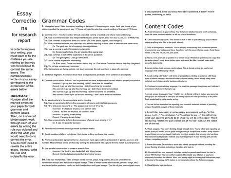 Research Code Sheet Editable Essay Correctio Ns For Research Report