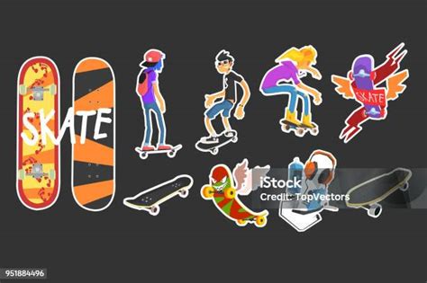 평면 벡터 색된 스케이트 보드 아이콘의 집합입니다 스케이트 보드에 청소년입니다 청소년 문화 상징 헤드폰 운동 화 스프레이 페인트 익 스 트림 스포츠 거리에 대한 스톡 벡터