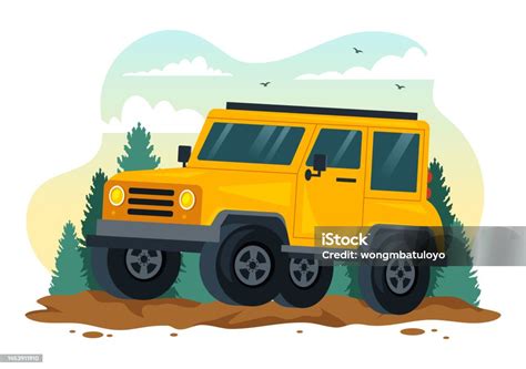 오프로드 자동차 또는 Suv가 평평한 익스트림 스포츠 만화 손으로 그린 템플릿에서 바위가 많은 지형 강 및 모래를 통과하는