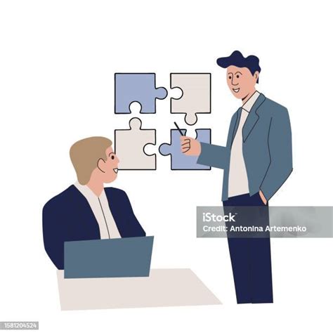 문제 해결 방법 플랫 그림 팀워크와 성공 개념 퍼즐의 세부 사항을 보여주는 남자 벡터 디자인 인포그래픽 템플릿입니다 Staff Meeting에 대한 스톡 벡터 아트 및 기타