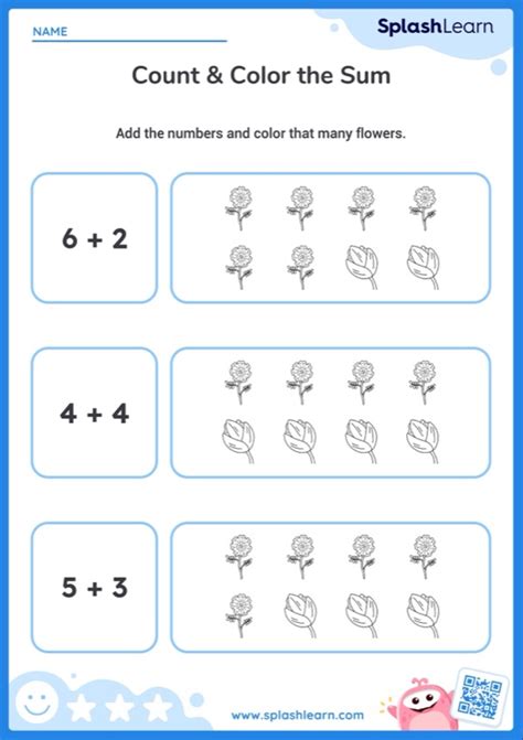color flowers sum 8 — printable math worksheet