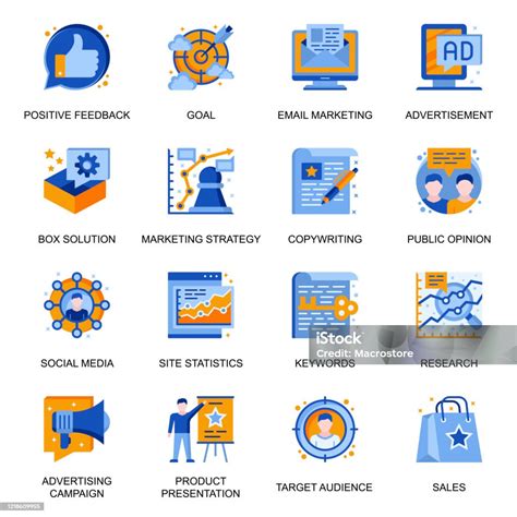 플랫 스타일로 설정된 마케팅 전략 아이콘입니다 타겟 키워드 여론 긍정적인 피드백 사이트 통계 카피라이팅 및 연구 표지판을 타겟팅합니다 아이콘에 대한 스톡 벡터 아트 및 기타