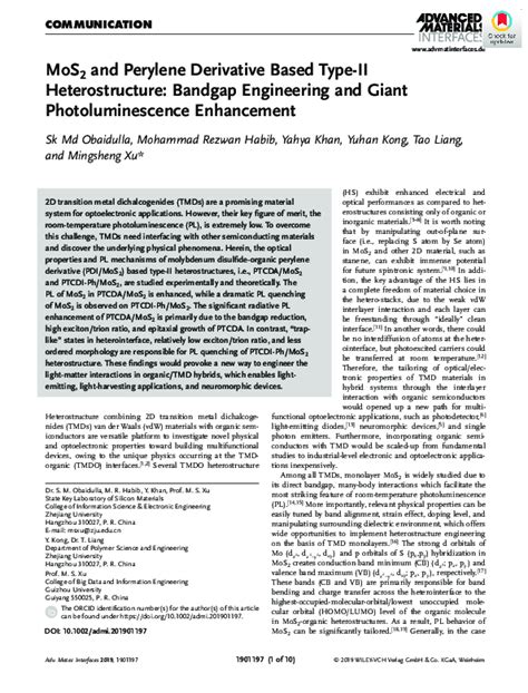 Pdf Mos2 And Perylene Derivative Based Type‐ii Heterostructure Bandgap Engineering And Giant