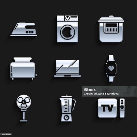 노트북 블렌더 Tv 박스 수신기 및 리모컨을 장착한 플레이어 하트 비트 레이트 전기 팬 토스터 토스트 슬로우 쿠커 및 아이언 아이콘을 보여주는 스마트 워치를 설정합니다 벡터