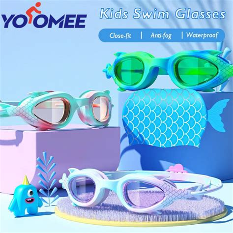 Yoomee แว่นตาว่ายน้ำเด็กน่ารักลายการ์ตูนนางเงือกหมวกว่ายน้ำกันน้ำกันหมอกแว่นตาสำหรับสระว่ายน้ำ