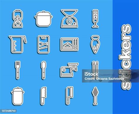 세트 라인 꿀 디퍼 스틱 식품 젓가락 케이크 비늘 도마 측정 컵 블렌더 및 전자 레인지 아이콘을 장식하기위한 페이스트리 백 벡터 0명에 대한 스톡 벡터 아트 및 기타 이미지