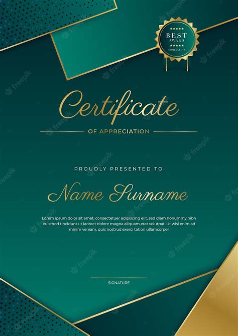 감사장 템플릿 금색과 검은색 녹색 색상 금 배지가 있는 깨끗한 현대 인증서 고급스럽고 현대적인 라인 패턴이 있는 인증서 테두리 템플릿 졸업장 벡터 템플릿 프리미엄 벡터