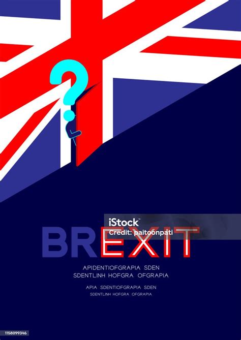 남자 그림과 물음표는 아이소메트릭 영국 국기 패턴에 문을 엽니 다 공간과 파란색 배경에 고립 된 브렉시트 개념 디자인 그림 Referendum에 대한 스톡 벡터 아트 및