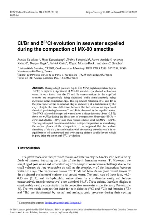 Cl Br And δ37cl Evolution In Seawater Expelled During The Compaction Of Mx 80 Smectite