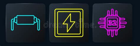 Set Line Resistor Electricity Processor With Microcircuits Cpu And Lightning Bolt Black Square