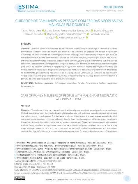 Pdf Cuidados De Familiares Às Pessoas Com Feridas NeoplÁsicas