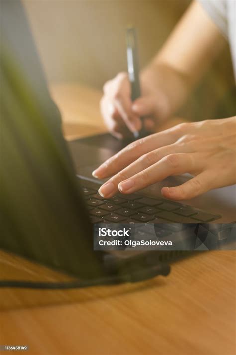 그래픽 태블릿을 사용 하는 일러스트레이터 노트북 및 드로잉 태블릿을 사용 하 여 여자의 재 터치의 손 계획에 대한 스톡 사진 및 기타 이미지 Istock