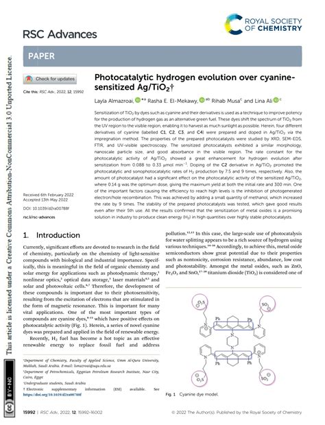 Pdf Photocatalytic Hydrogen Evolution Over Cyanine Sensitized Agtio 2