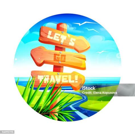 여름 휴가와 만화 스타일의 여행 개념 화창한 여름날 바다로가는 길 앞에 방향 화살표가있는 오래된 나무 판 교차로 표지판에 대한