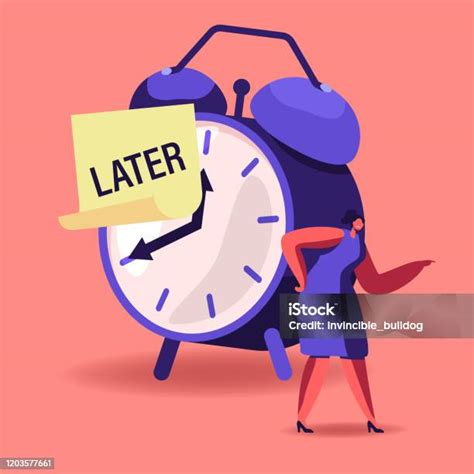 지연 지연 나쁜 시간 관리 개념 화가 사업가는 다이얼나중에 단어와 스티커 메모와 함께 거대한 알람 시계에 서있다 마감일 긴급 연기 만화 플랫 벡터 일러스트 개념에 대한 스톡