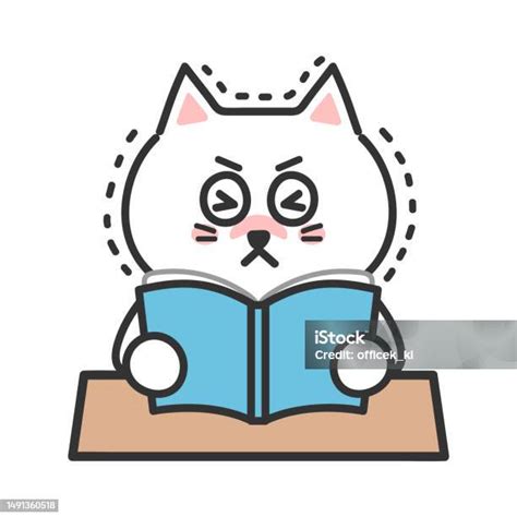 하얀 만화 고양이가 무언가를 들고 책을 읽고 있다 벡터 그림입니다 고양이 새끼에 대한 스톡 벡터 아트 및 기타 이미지 고양이
