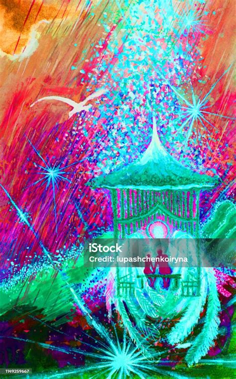 세련 된 일러스트 현대 작품 우화 나의 원래 유화 캔버스 인상파 판타지 상징적 수직 풍경 천사 아래에 사랑에 그의 날개 커플에 사랑의 정자 지주 손 사랑 하늘의 선언 뇌우