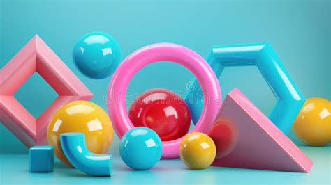 Colorful Abstract Geometric Shapes On Blue Backdrop 3d Rendering Image