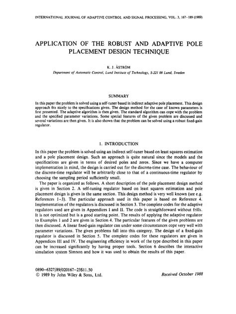 Astrom1989 Application Of The Robust And Adaptive Pole Placement Design Techni Pdf Pdf
