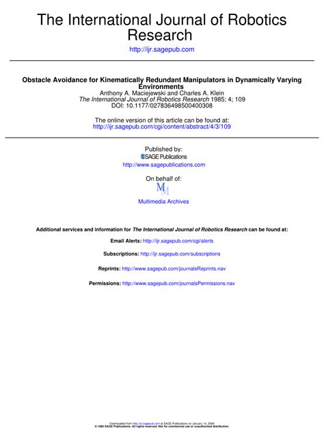 pdf obstacle avoidance for kinematically redundant manipulators in