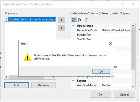 An Error Dialog Pops Up After Clicking Add Button In Datagridviewcolumn