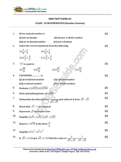 Cbse Test Paper 02 Class Ix Mathematics Number System 7 4 2 3 I Ii Iv 3 5 7 4 Download