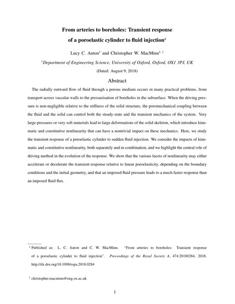 Pdf From Arteries To Boreholes Transient Response Of A Poroelastic Cylinder To Fluid Injection