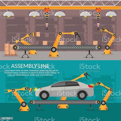 Automation Abstract Robotic Assembly Line Car Flat Isolated Vector Illustration Stock