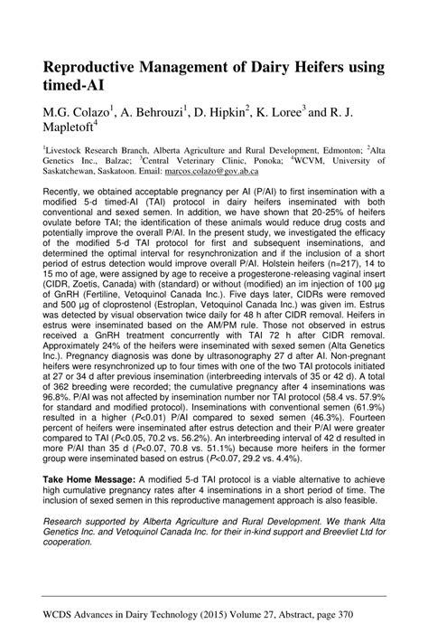 Pdf Reproductive Management Of Dairy Heifers Using Timed Ai