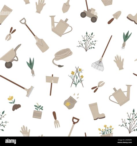Vector Seamless Pattern With Garden Tools Flowers Herbs Plants Repeat Background With