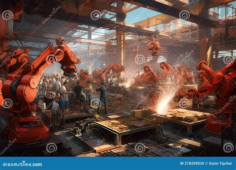 Futuristic Machines In Factory Robots Producing Auto Parts Stock